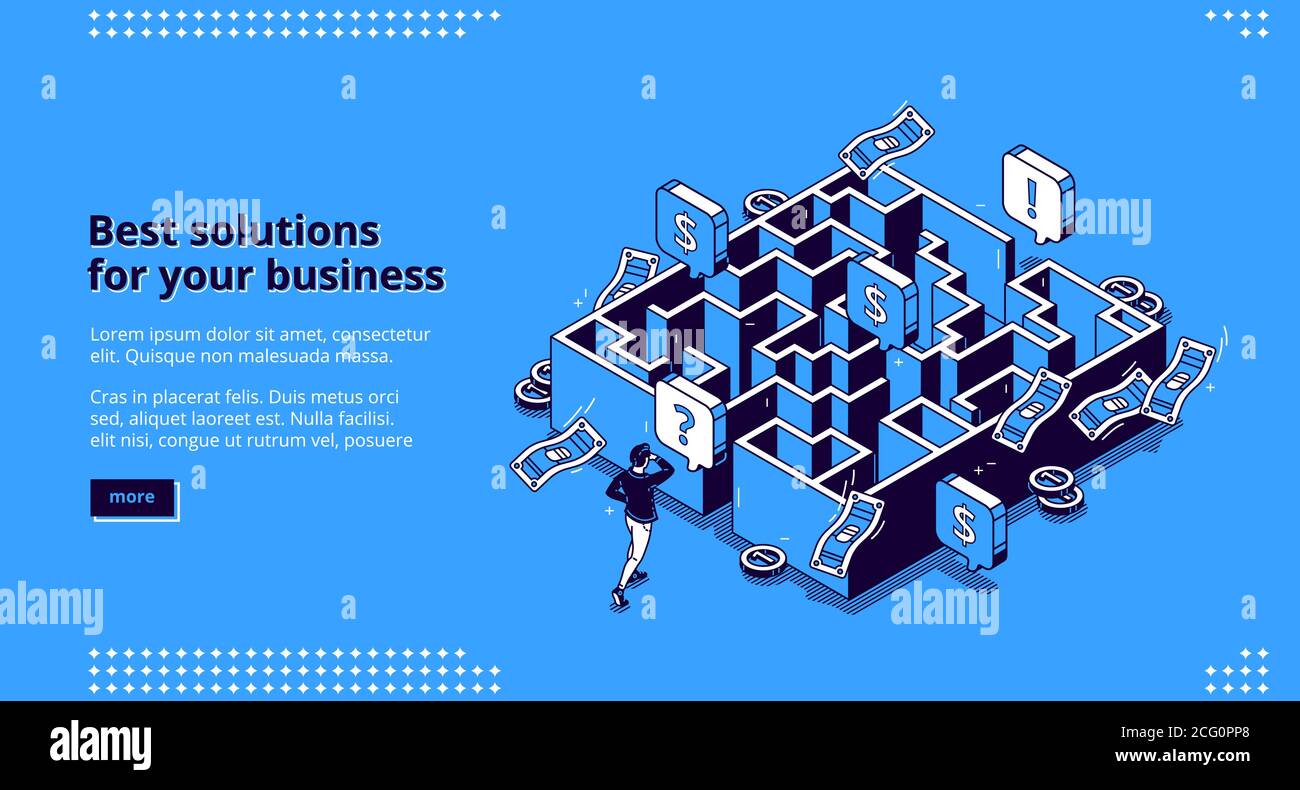 Best business solutions isometric landing page, businessman looking for way to reach goal ...