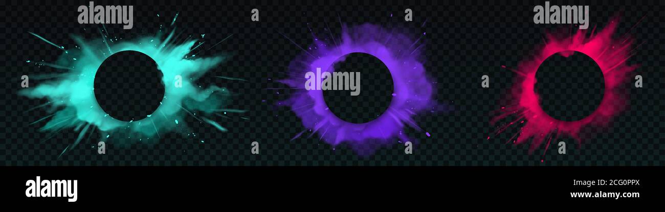 Color powder explosions with circle banner. Splash of paint dust with ...