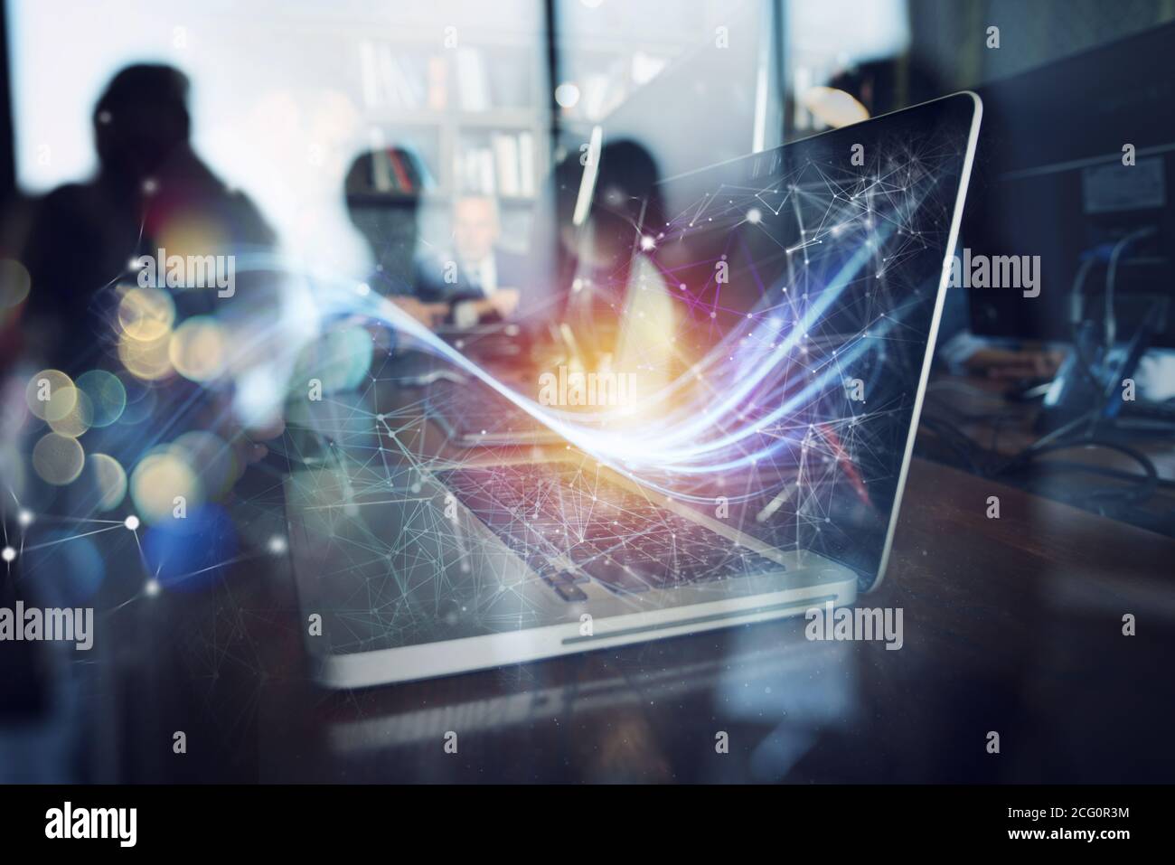 Laptop in office connected on internet network shares data Stock Photo ...