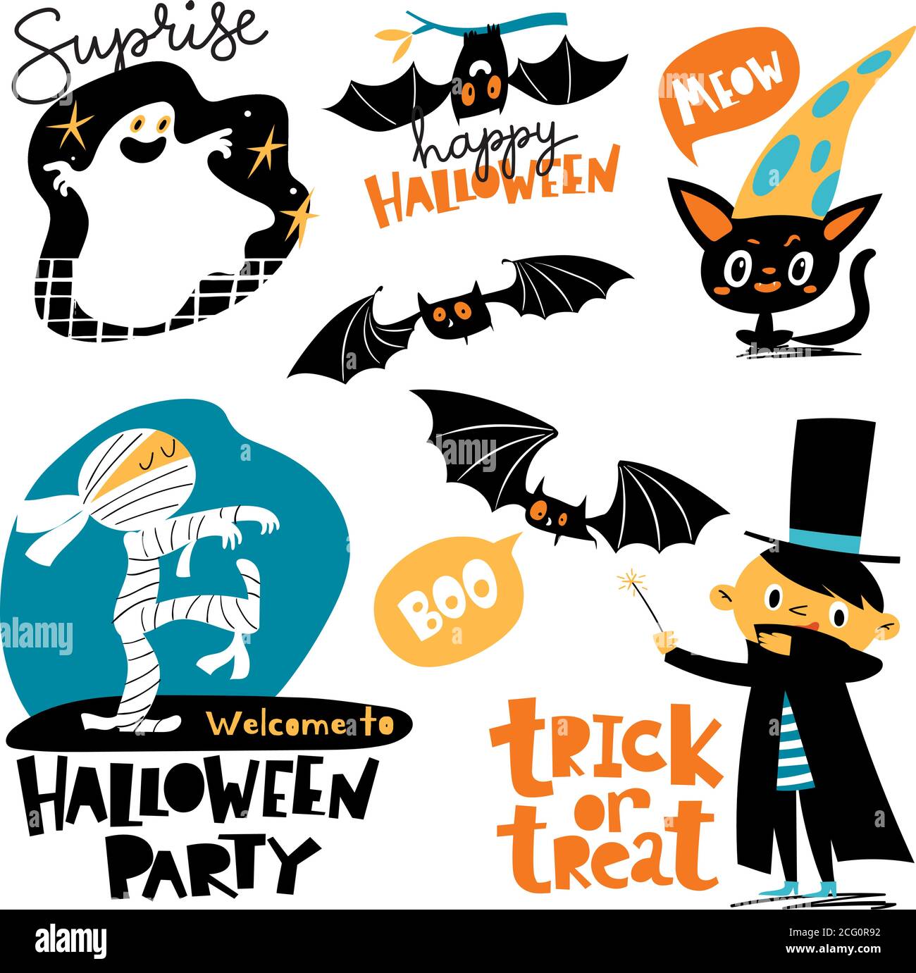 Vector Welcome to Halloween party stickers set in cartoon flat style ...