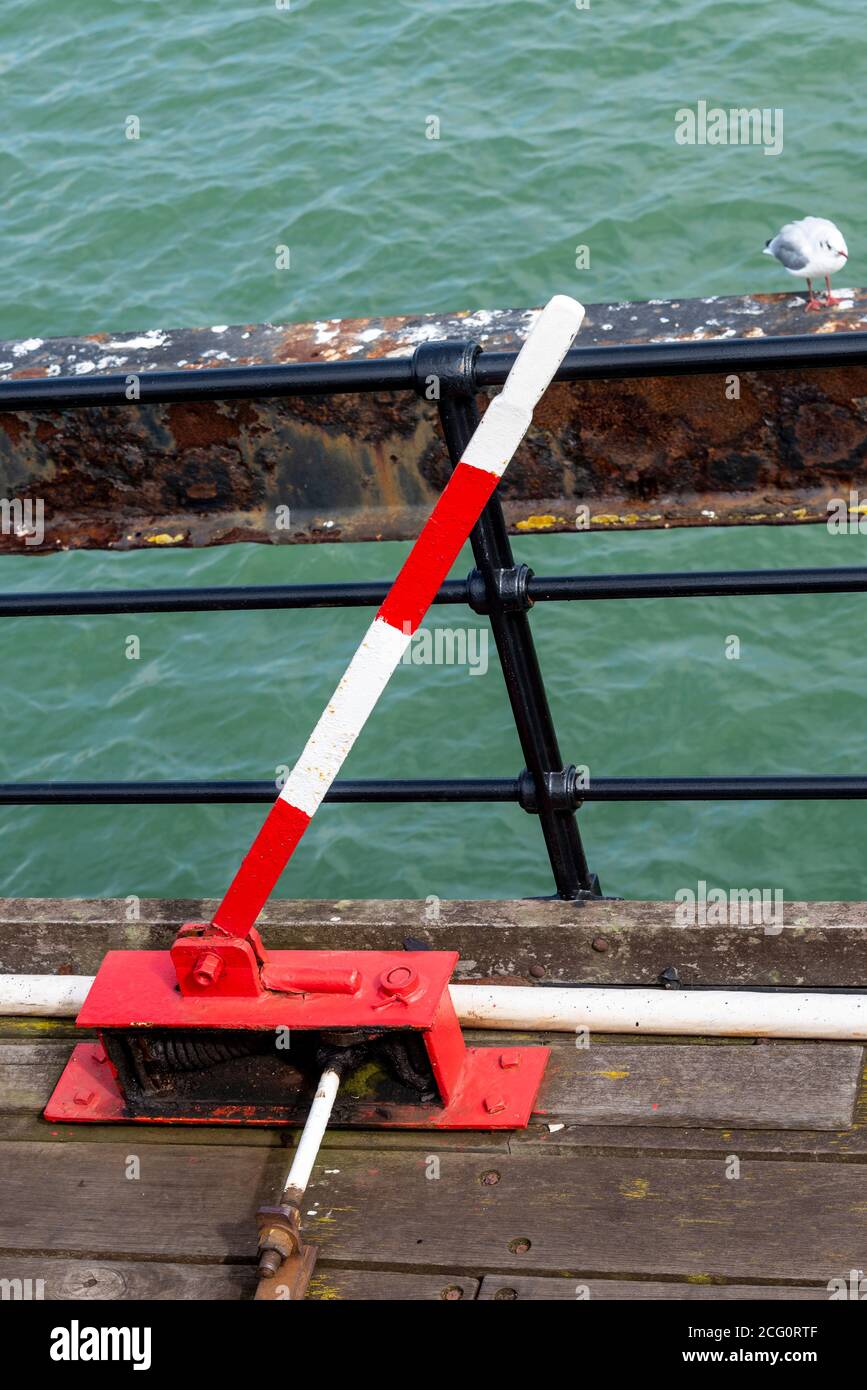 Point lever, railroad switch handle of pier railway on Southend Pier ...