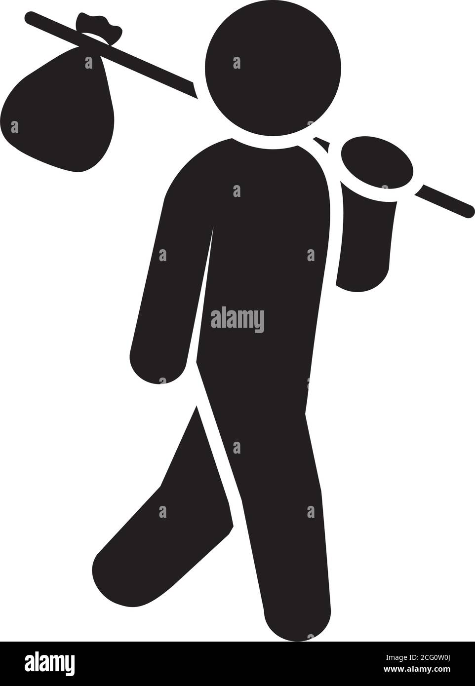 migrant man holding a stick with bag over white background, silhouette ...