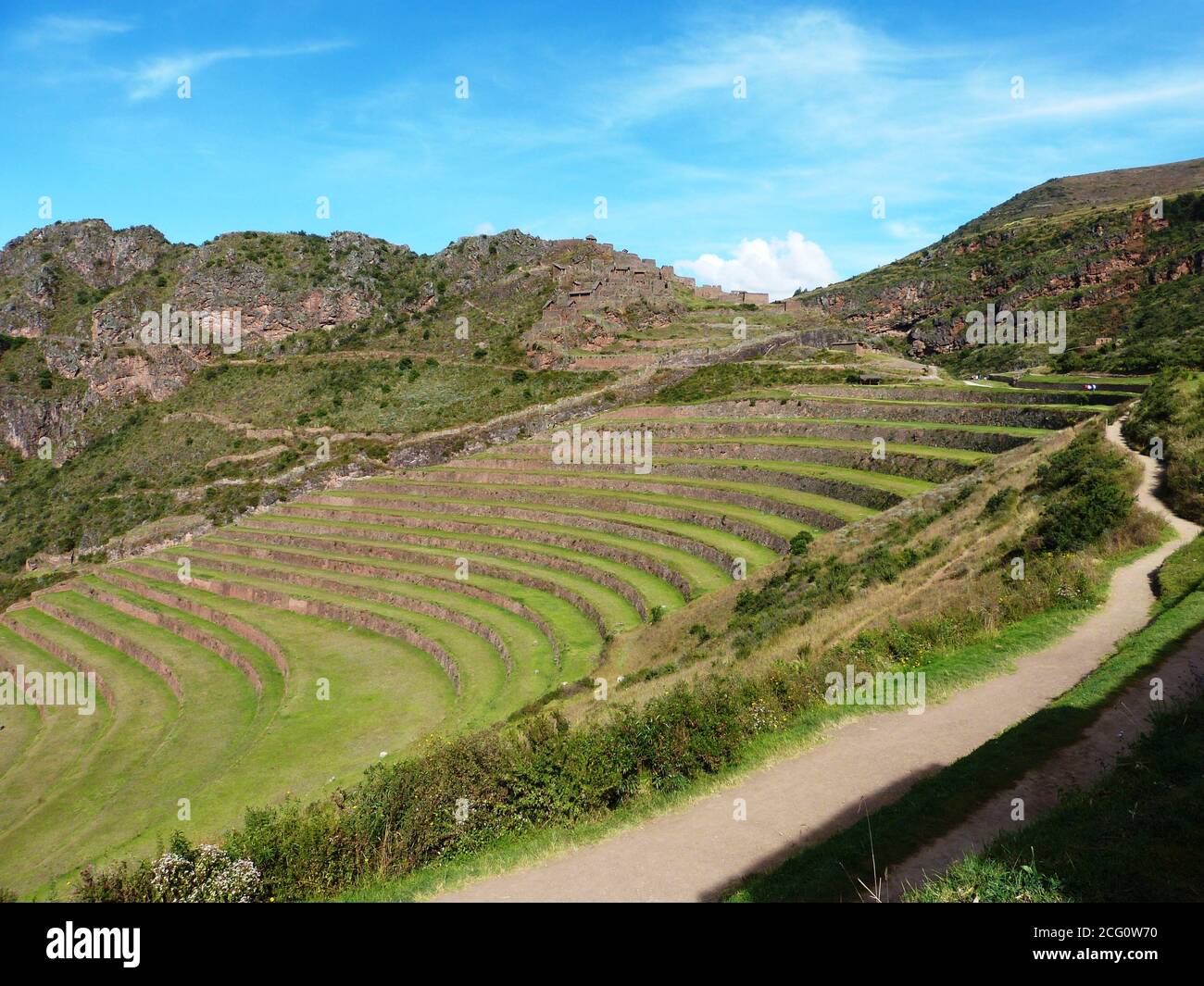 Pisac incas fortress and famous green grass Terraces. Inca agricultural ...