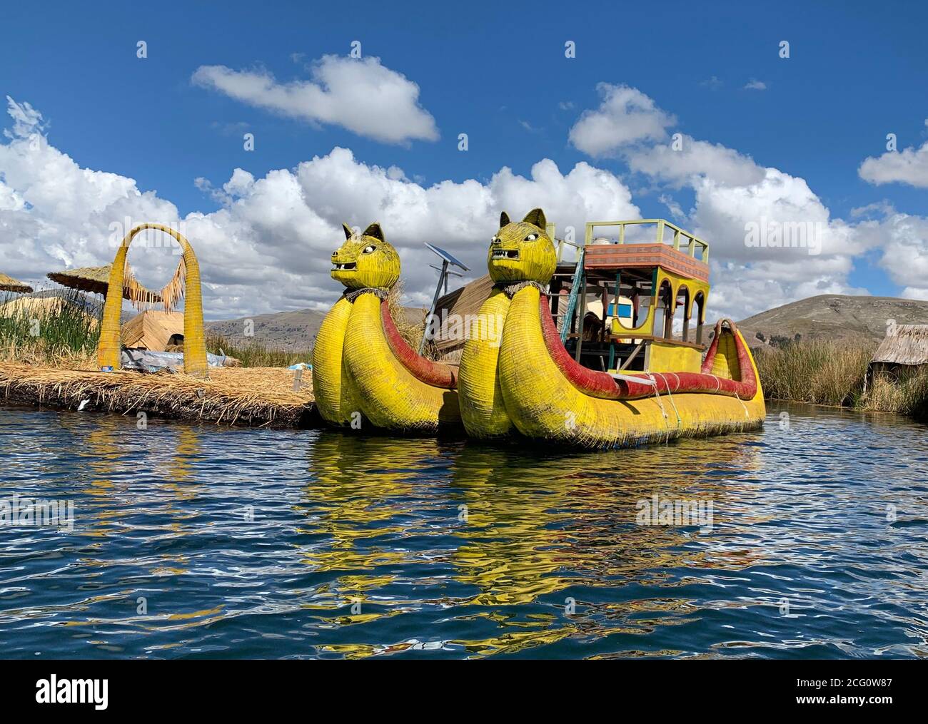 Traditional totora reed fishing boats on Uros Floating Islands, Lake ...