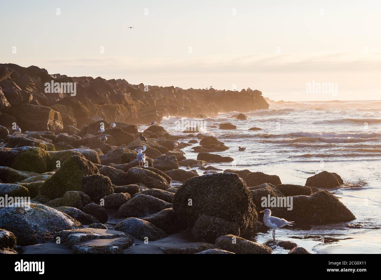 Waves Splashing on Rocky Outcrop on Ocean Beach at Sunset Stock Photo ...