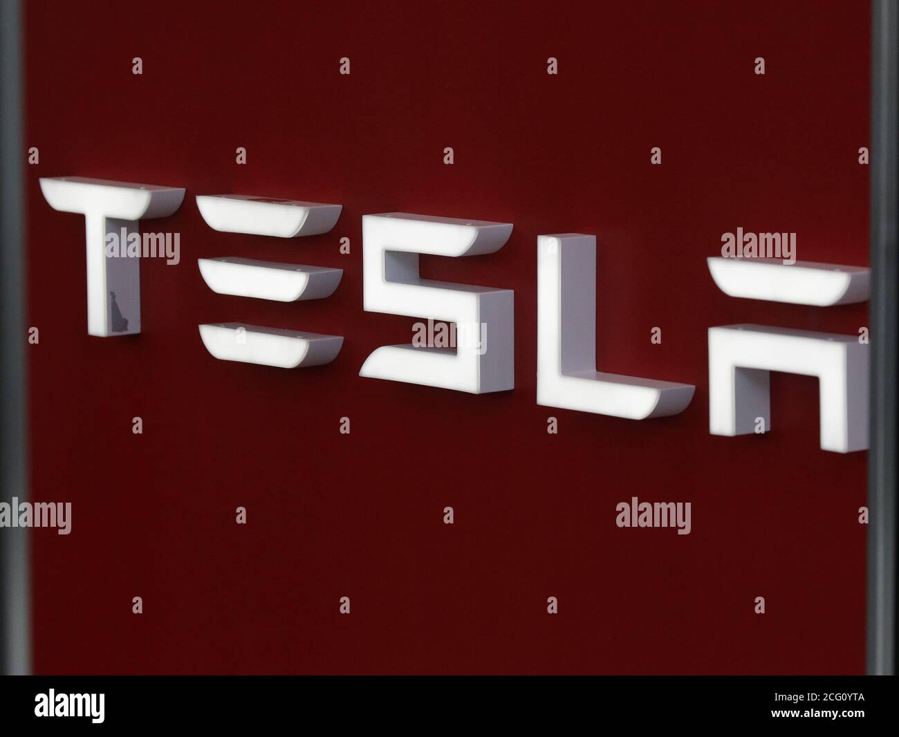 New York, United States. 08th Sep, 2020. A Tesla sign hangs at the ...