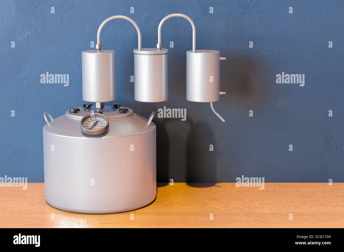 Alcohol distiller, moonshine still on the wooden table. 3D rendering ...