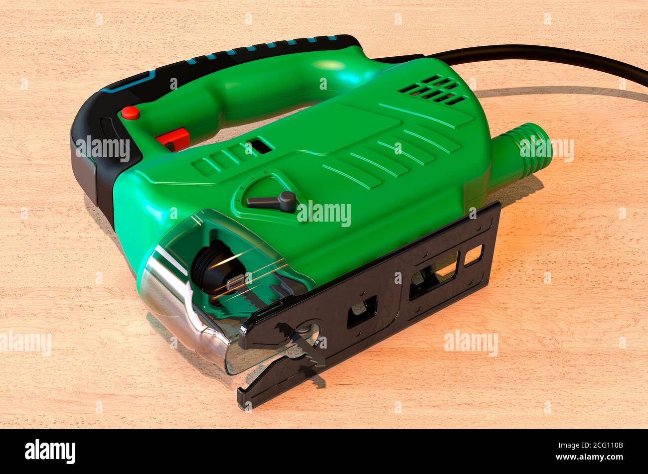Modern power jigsaw on the wooden table. 3D rendering Stock Photo - Alamy