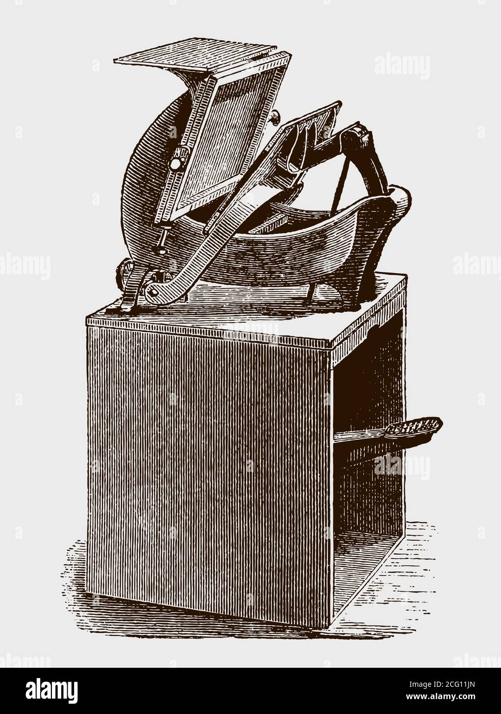 Antique foot treadle printing press on wood stand, in three-quarter ...