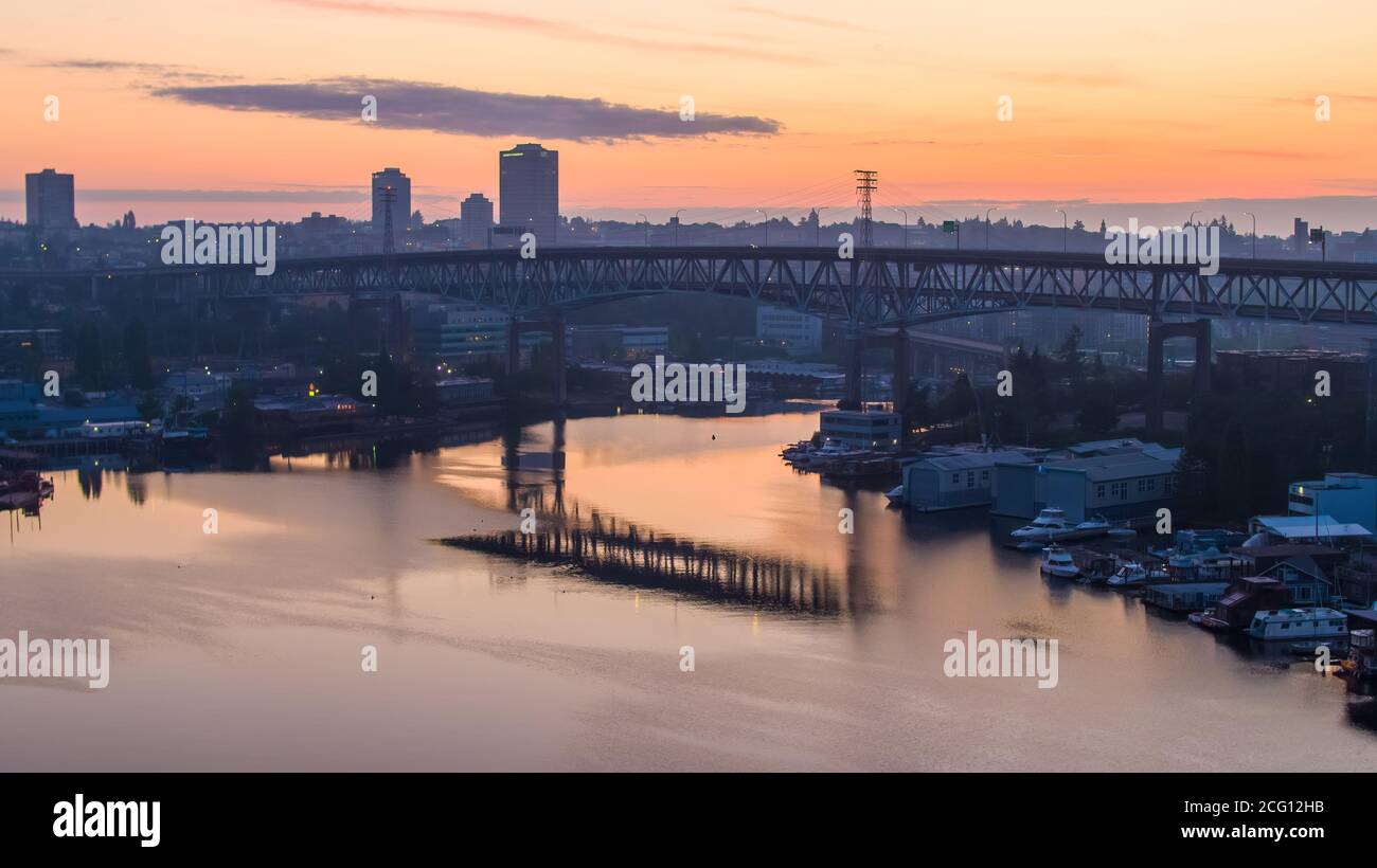 Aerial Seattle Freeway Bridge and Lake Union Sunrise Stock Photo - Alamy