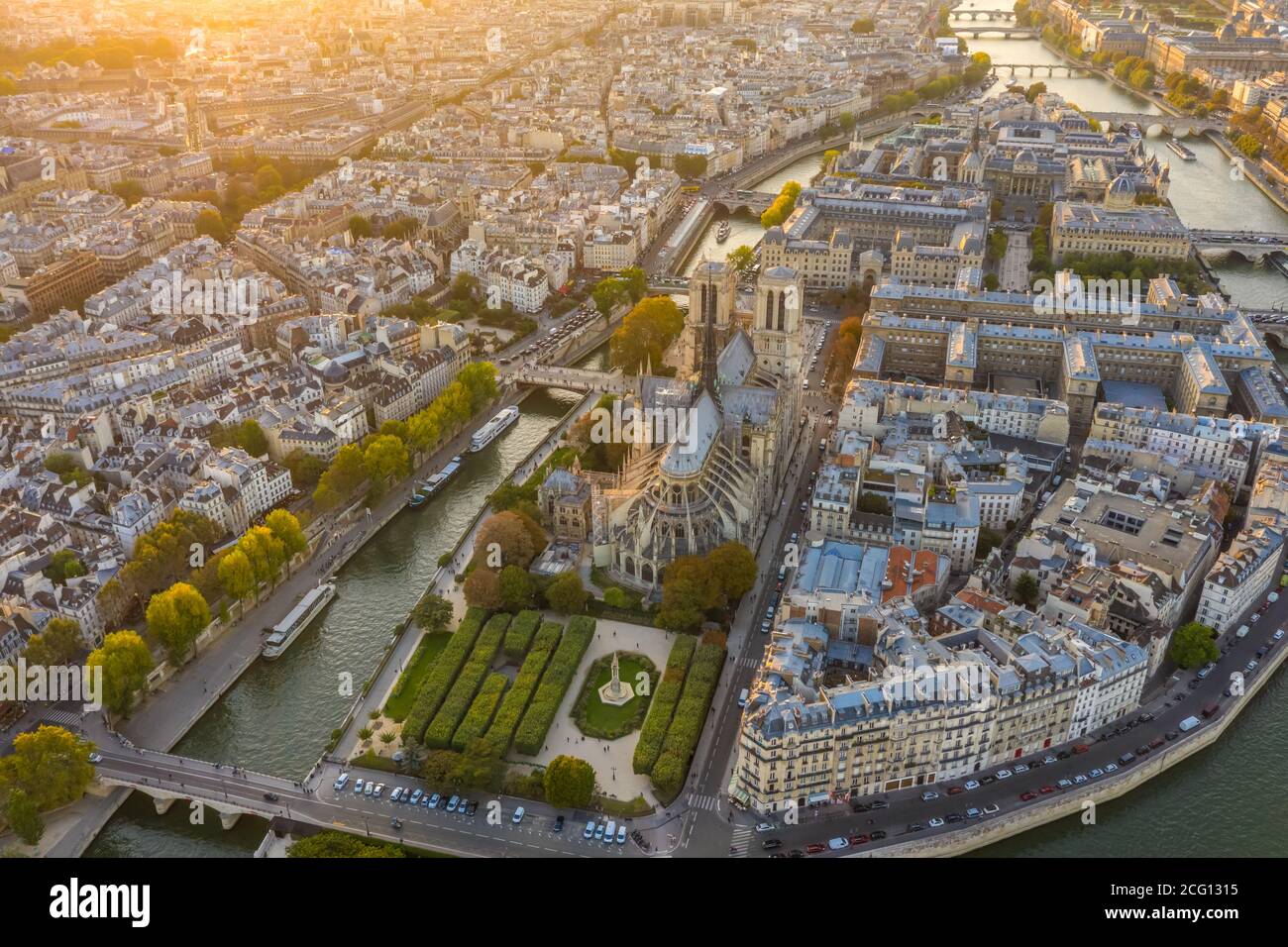 Aerial Paris France Europe Notre Dame Cathedral Landmark Church Golden ...