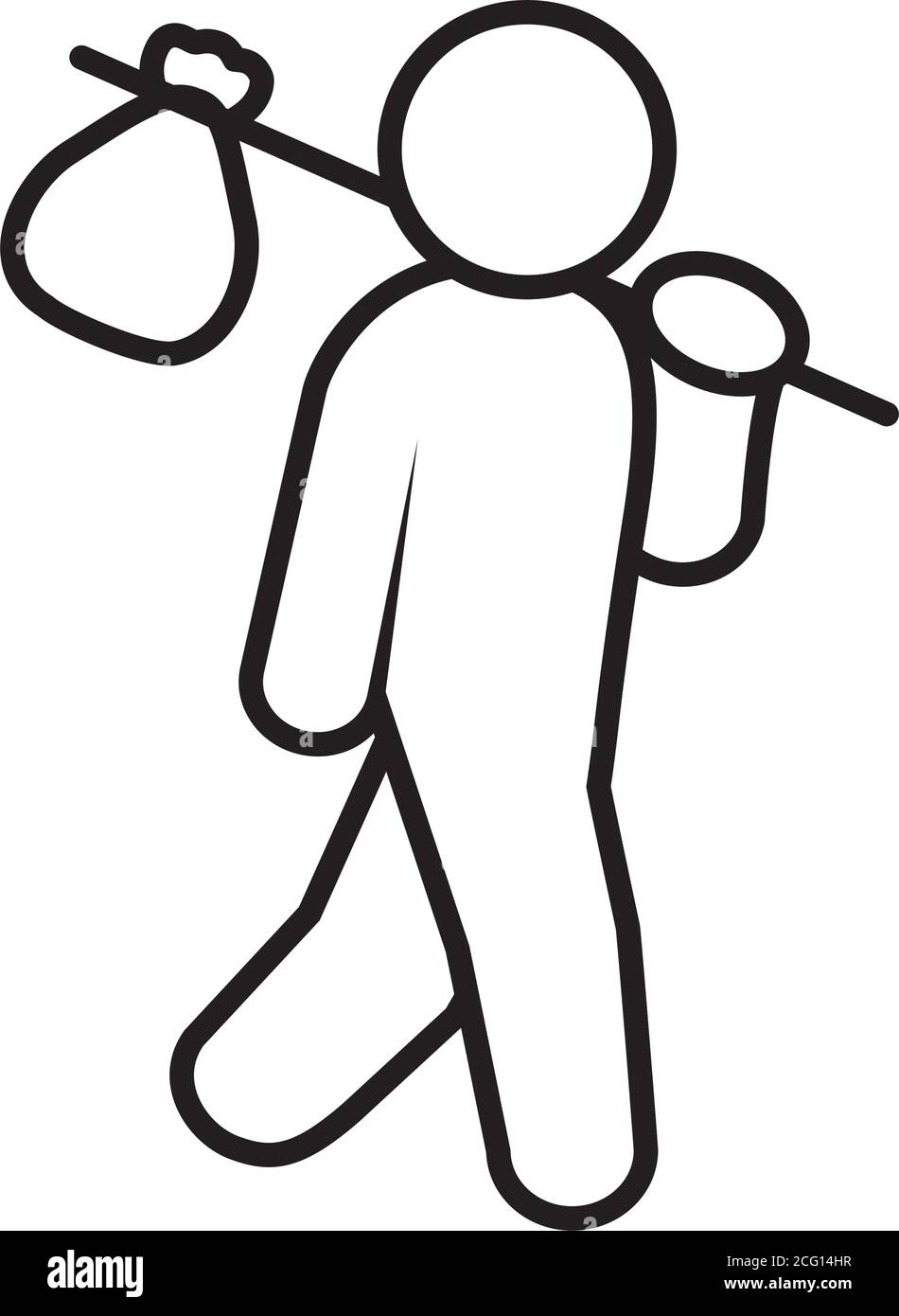 migrant man holding a stick with bag over white background, line style ...