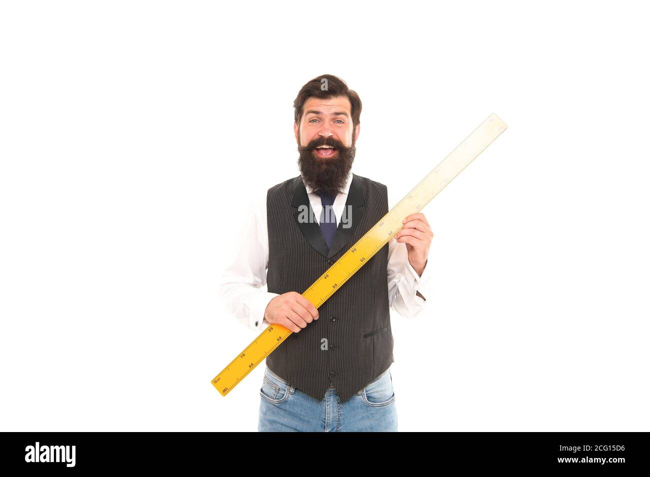 Measuring length and width. Happy school teacher hold ruler isolated on ...