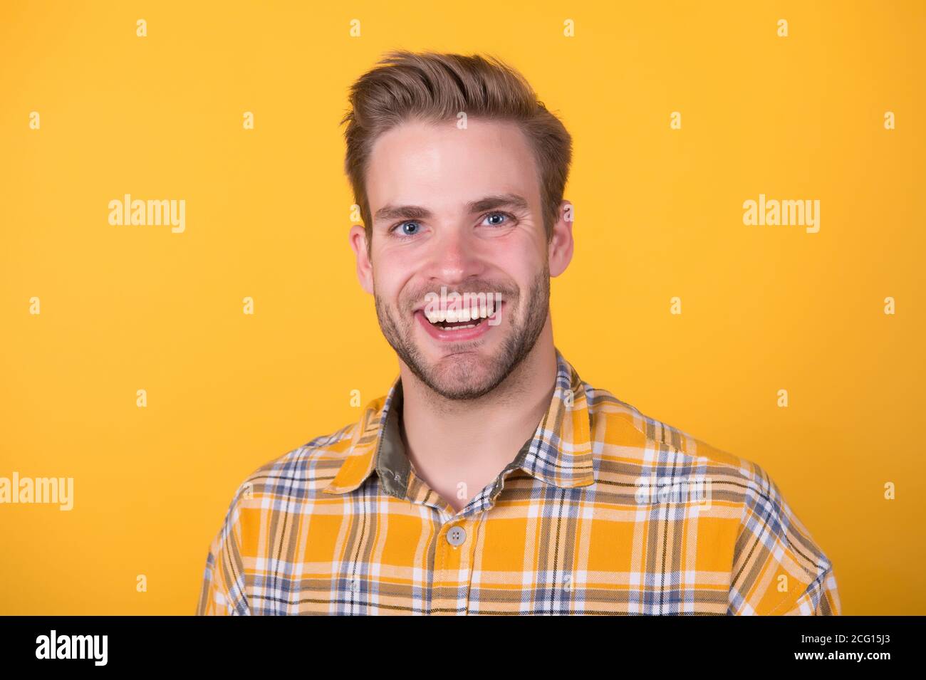 Dental care you trust. Happy guy smile yellow background. Handsome guy ...
