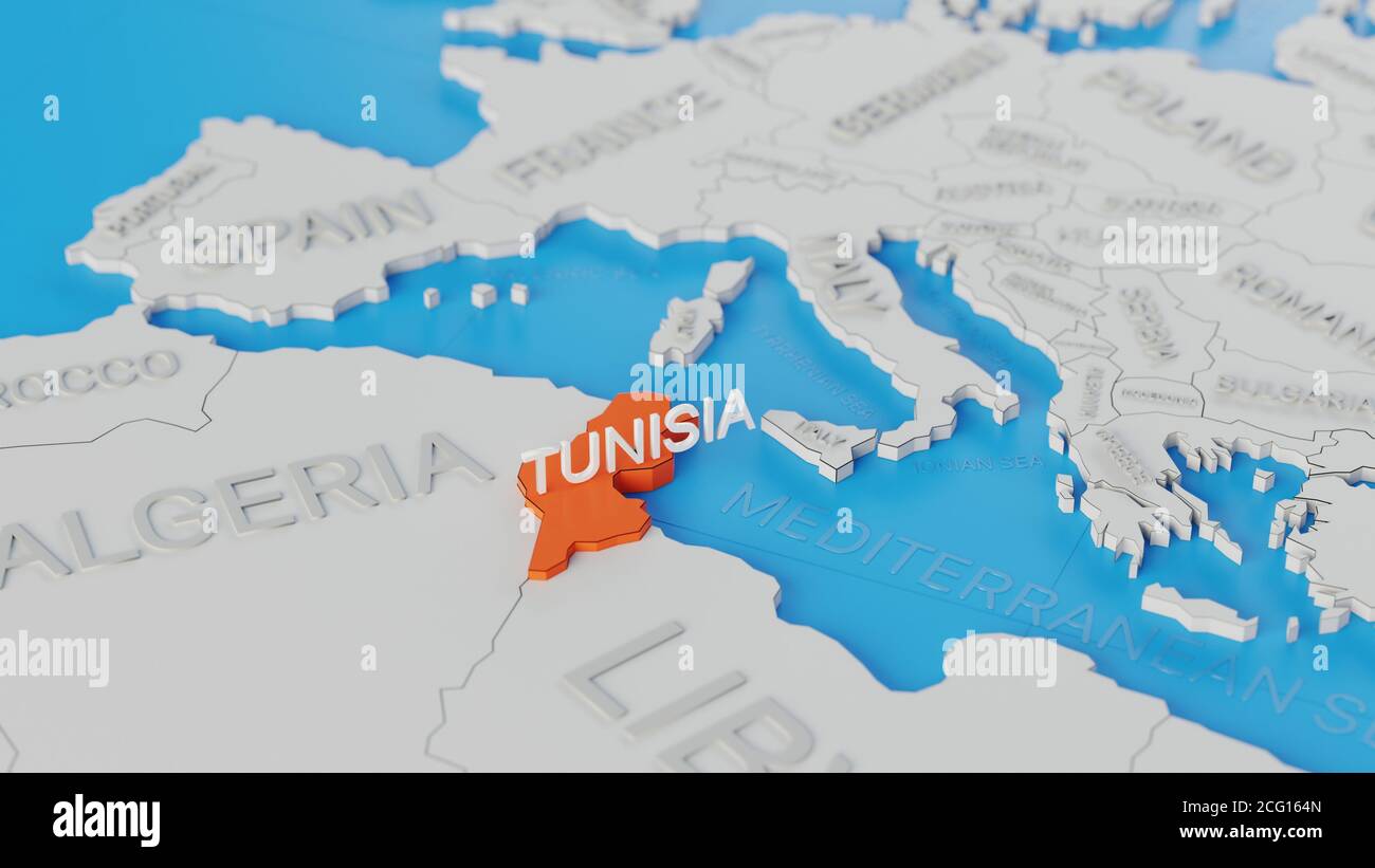 Tunisia highlighted on a white simplified 3D world map. Digital 3D ...