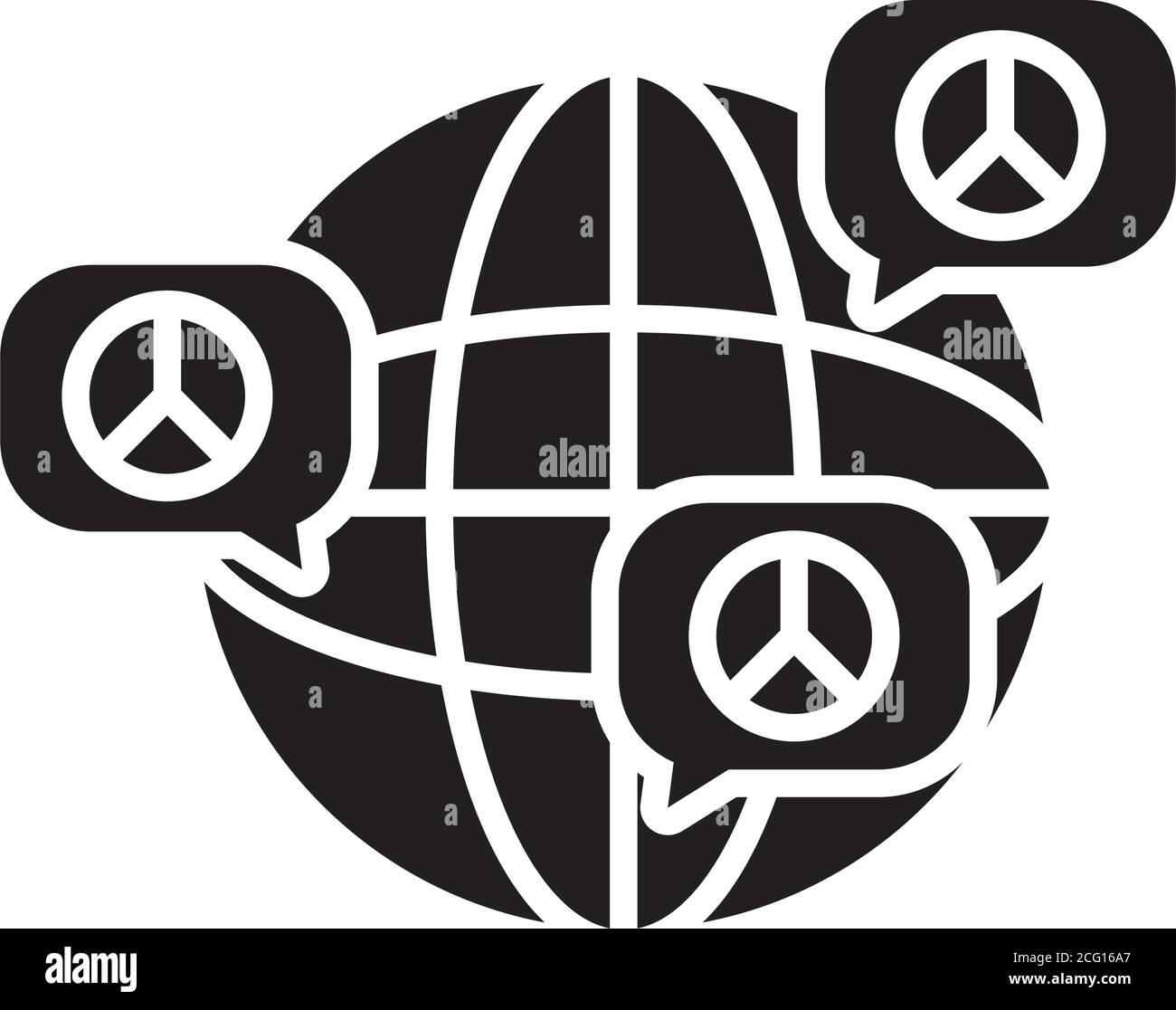 global sphere and speech bubbles with peace symbols over white ...