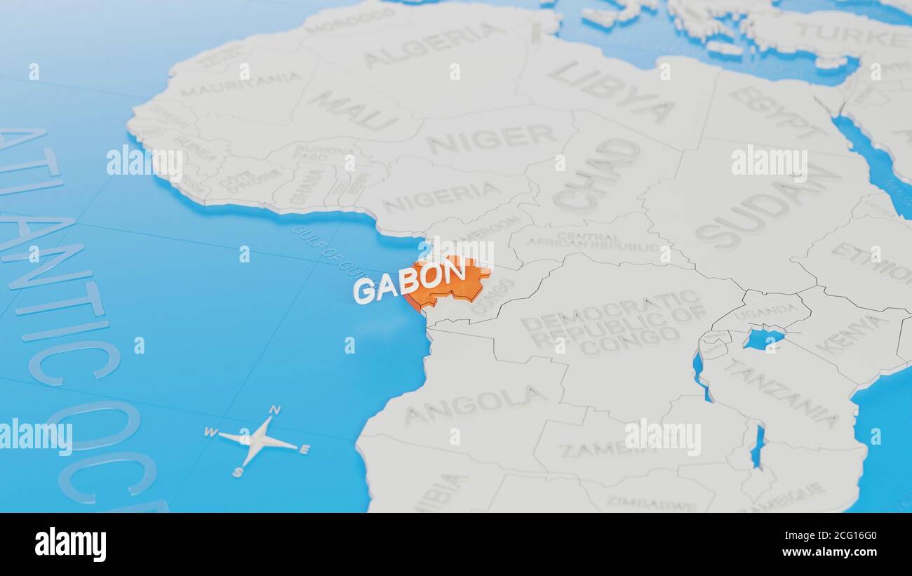 Gabon highlighted on a white simplified 3D world map. Digital 3D render ...