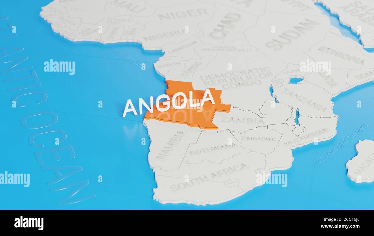 Angola highlighted on a white simplified 3D world map. Digital 3D ...