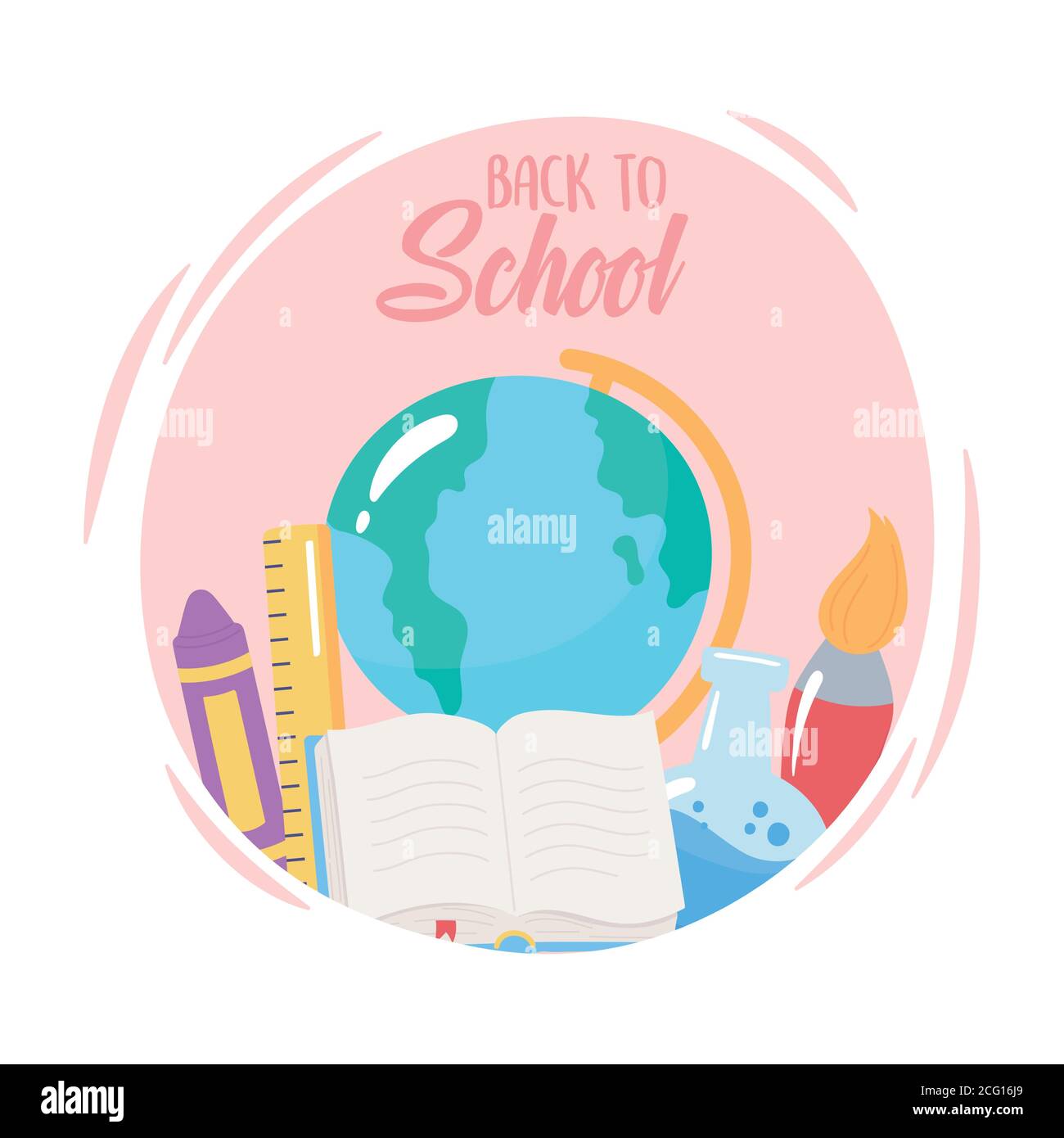 back to school, elementary education cartoon map crayon ruler and brush ...
