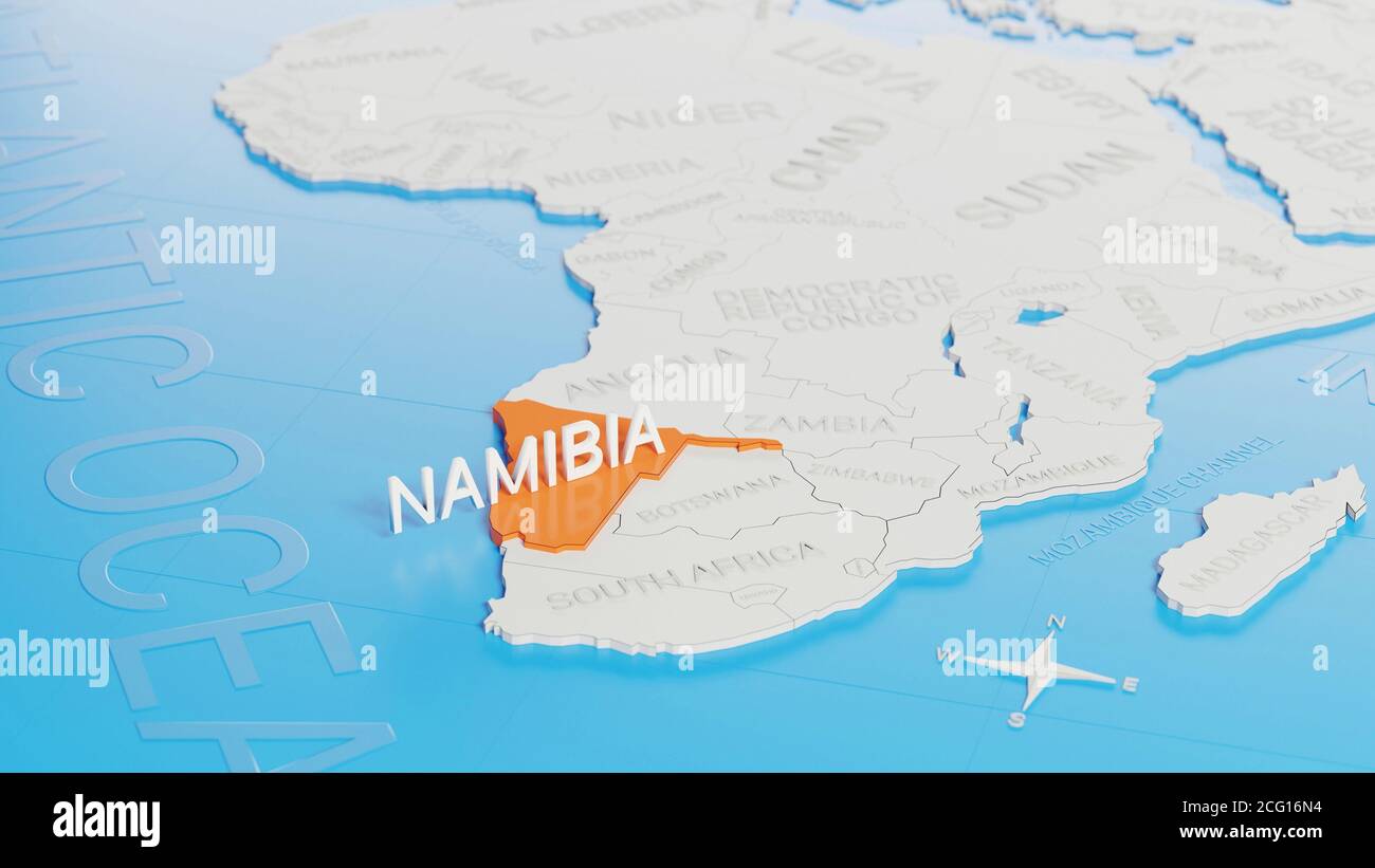 Namibia highlighted on a white simplified 3D world map. Digital 3D ...