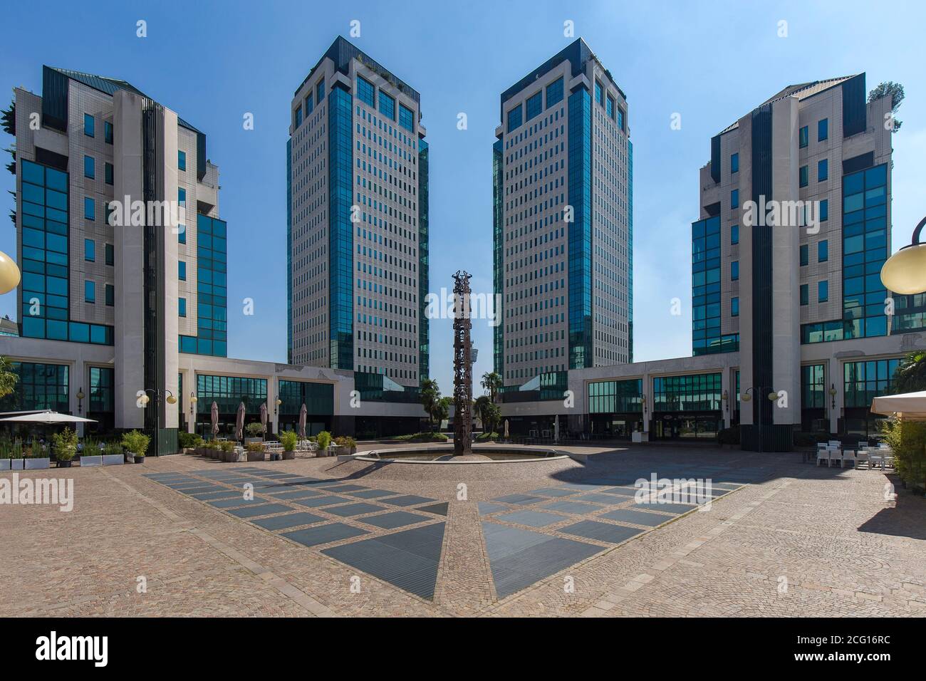Vimercate, Italy - September 5, 2020: street view of the white towers ...