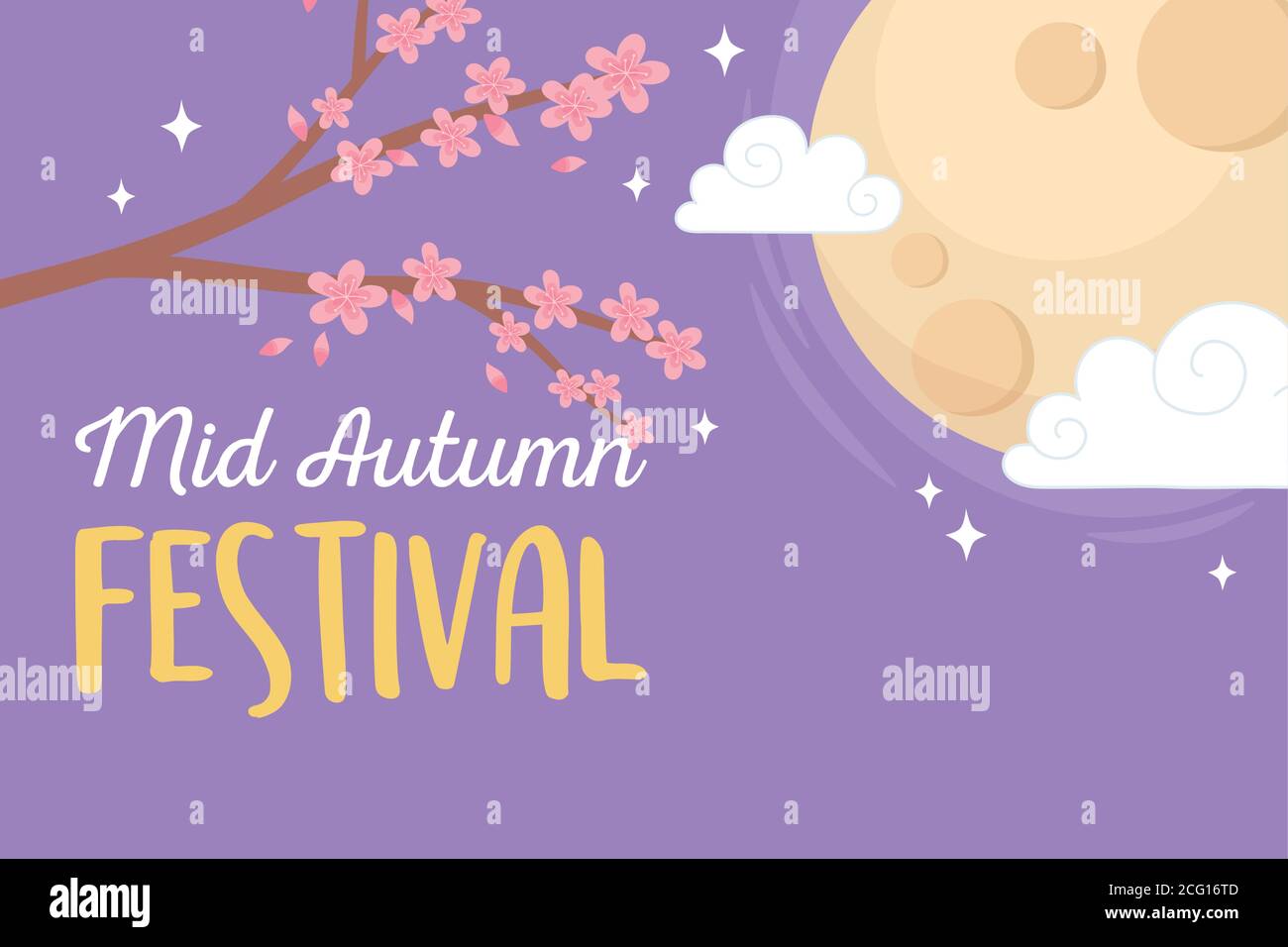 happy mid autumn festival, full moon sakura flowers branch tree clouds ...
