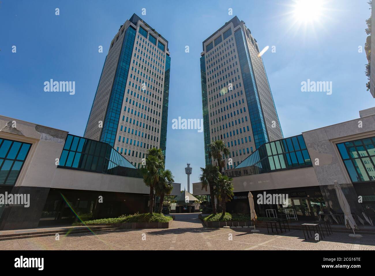 Vimercate, Italy - September 5, 2020: street view of the white towers ...