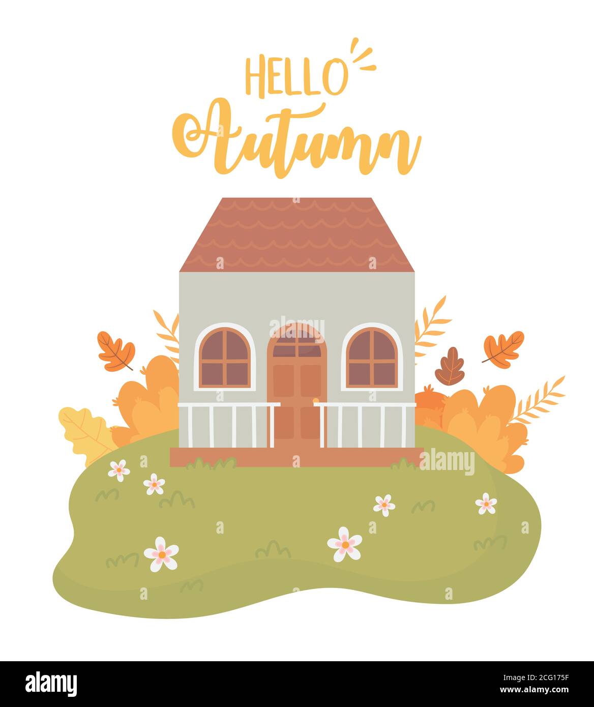 hello autumn nature scene, house leaves bush flowers grass landscape ...