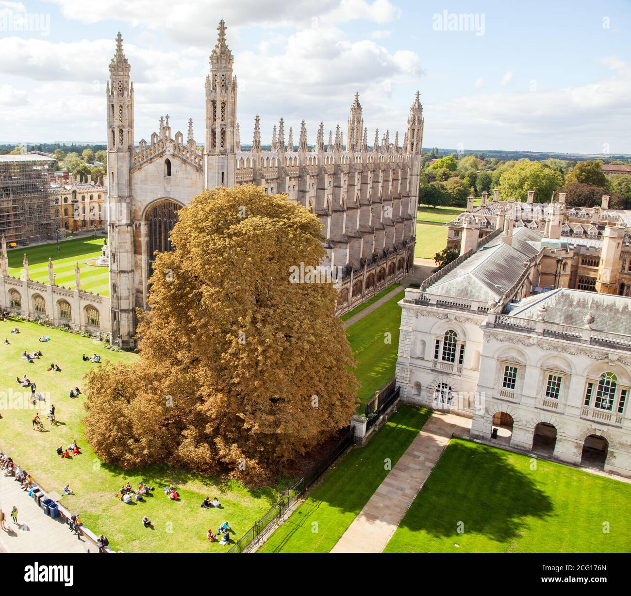 Aerial view from above of the historic collages churches and university ...