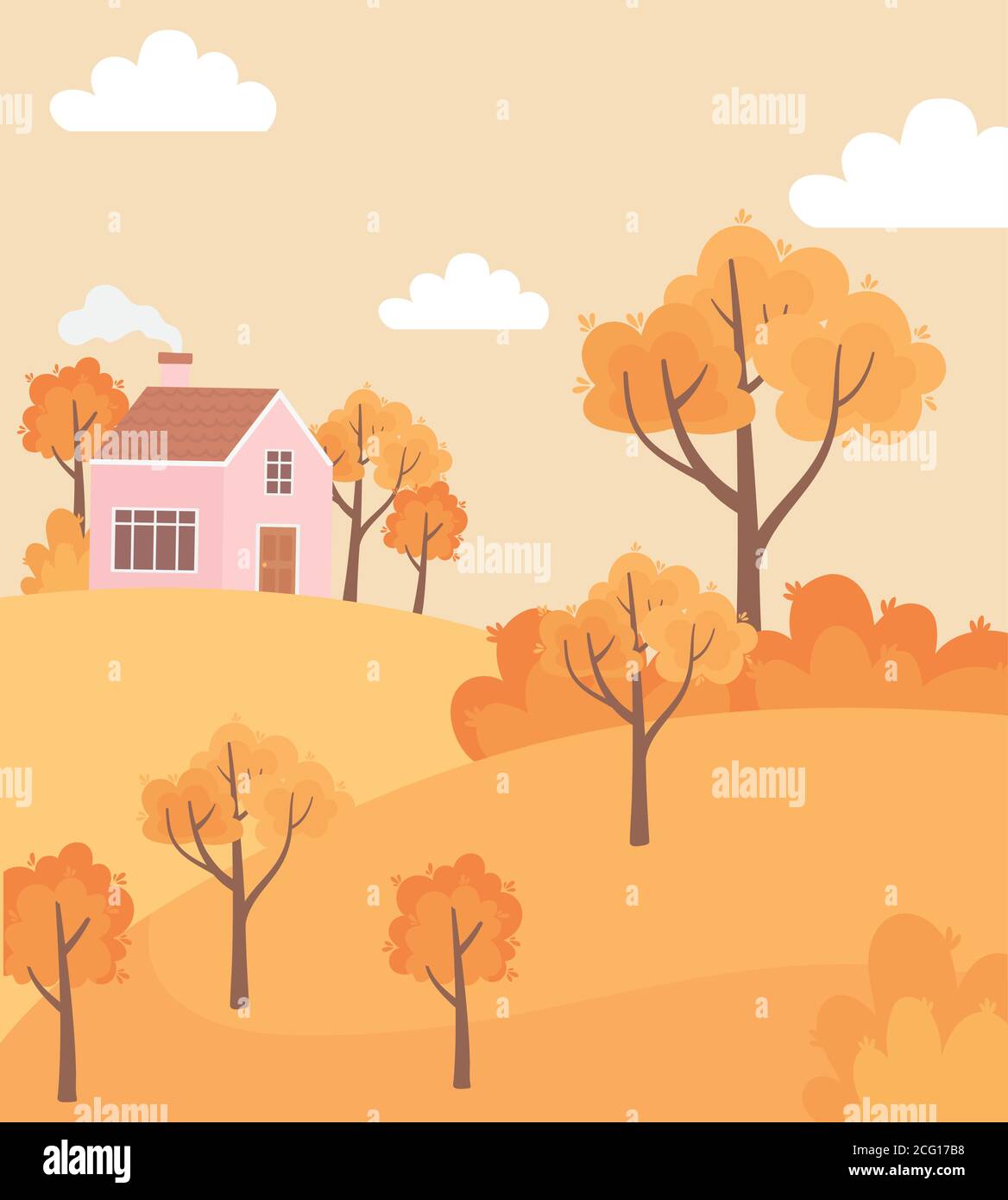 landscape in autumn nature scene, countryside house rural trees bushes ...
