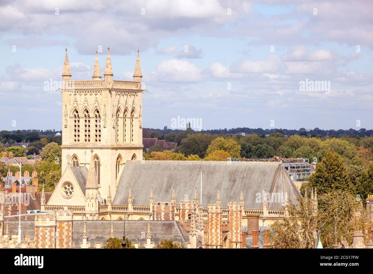 Aerial view from above of the historic collages churches and university ...