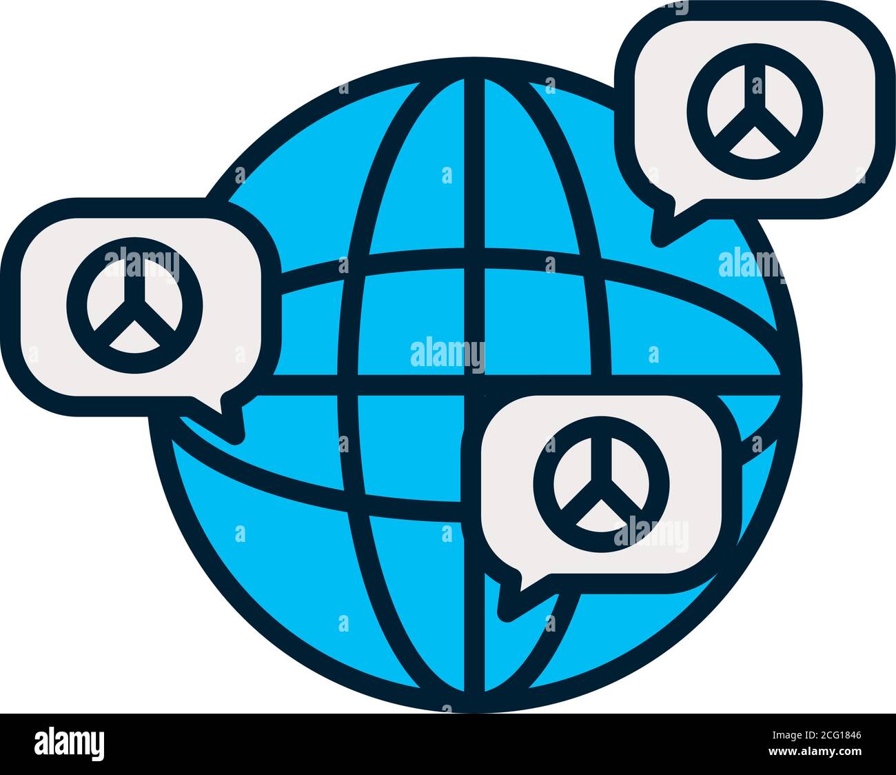 global sphere and speech bubbles with peace symbols over white ...