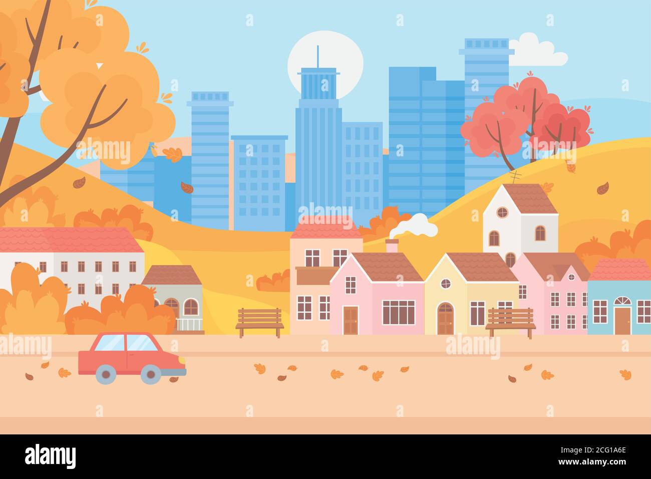 landscape in autumn nature scene, cityscape urban and suburban houses ...
