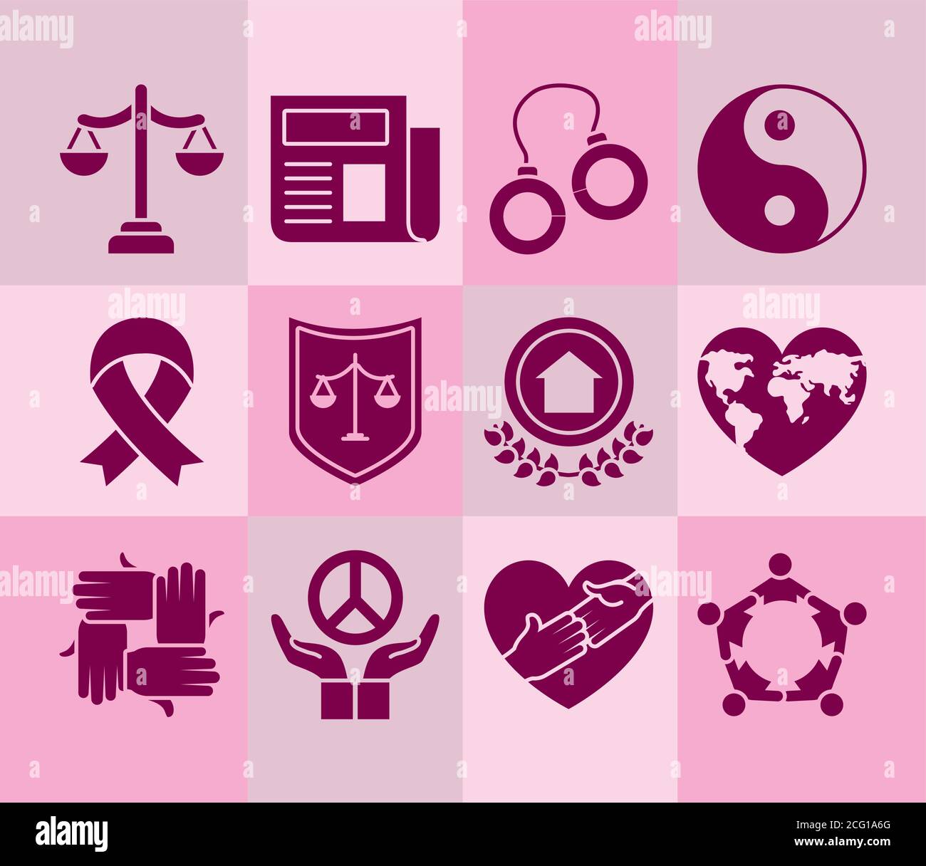 justice scale and human rights icon set over pink background ...