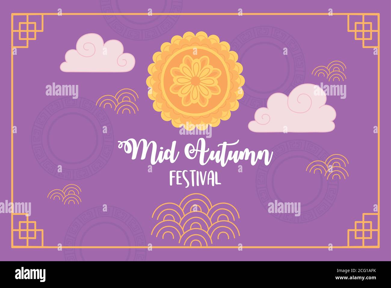 happy mid autumn festival purple background mooncake clouds frame ...