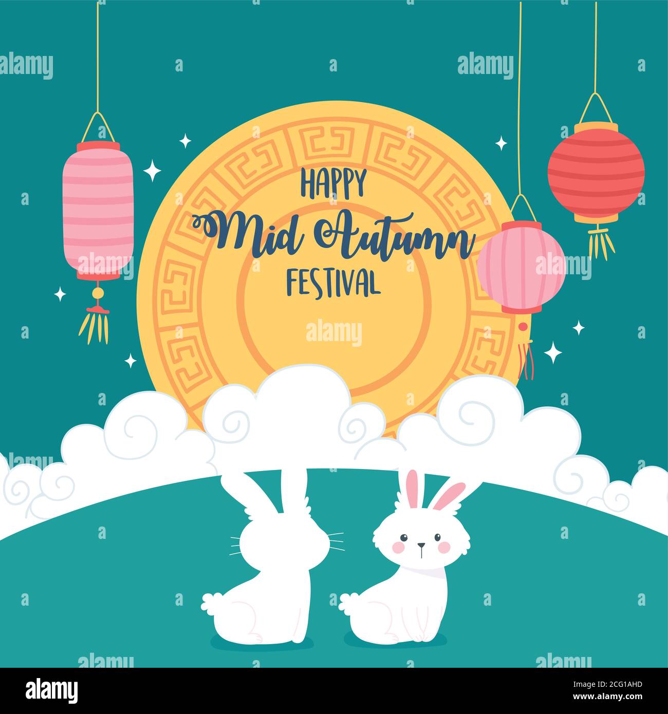 happy mid autumn festival, funny bunnies mooncake lanterns clouds ...