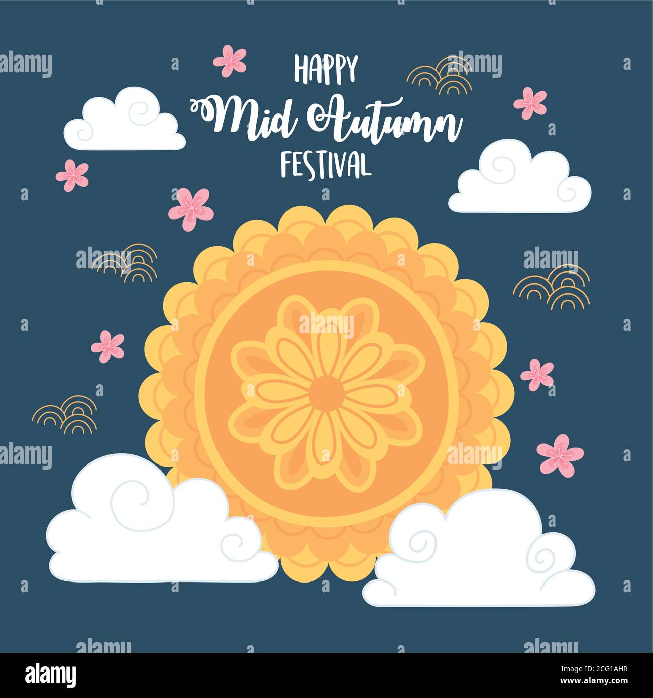 happy mid autumn festival, mooncake sakura flowers clouds decoration ...