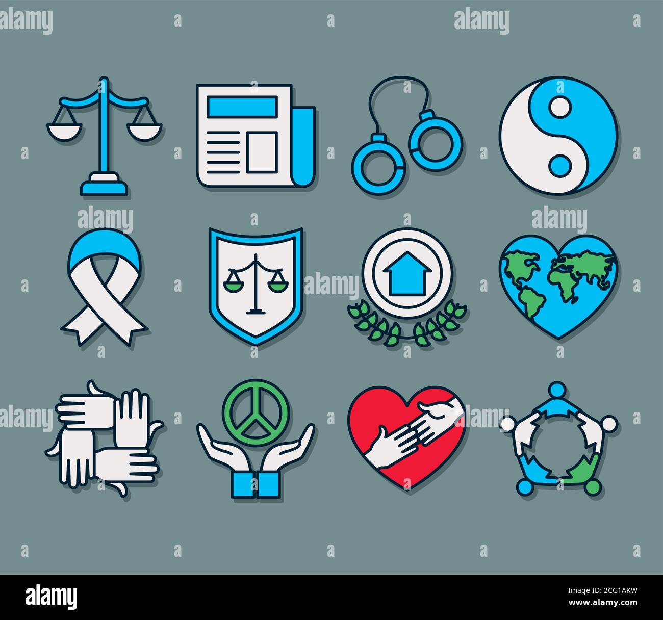 justice scale and human rights icon set over gray background, line and ...