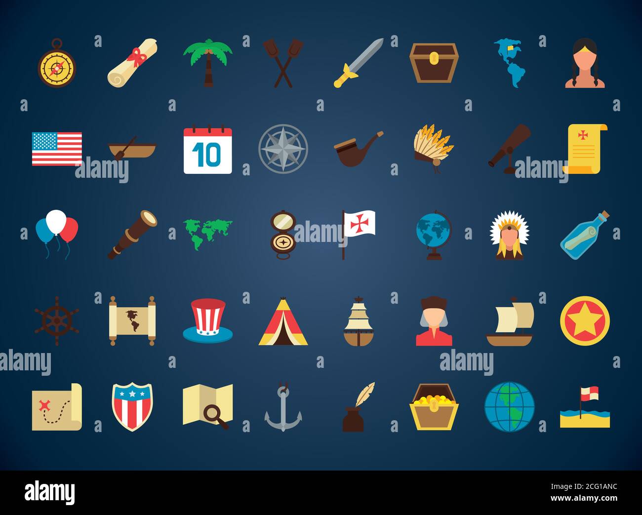 Columbus day icon set over blue background, flat style, vector ...