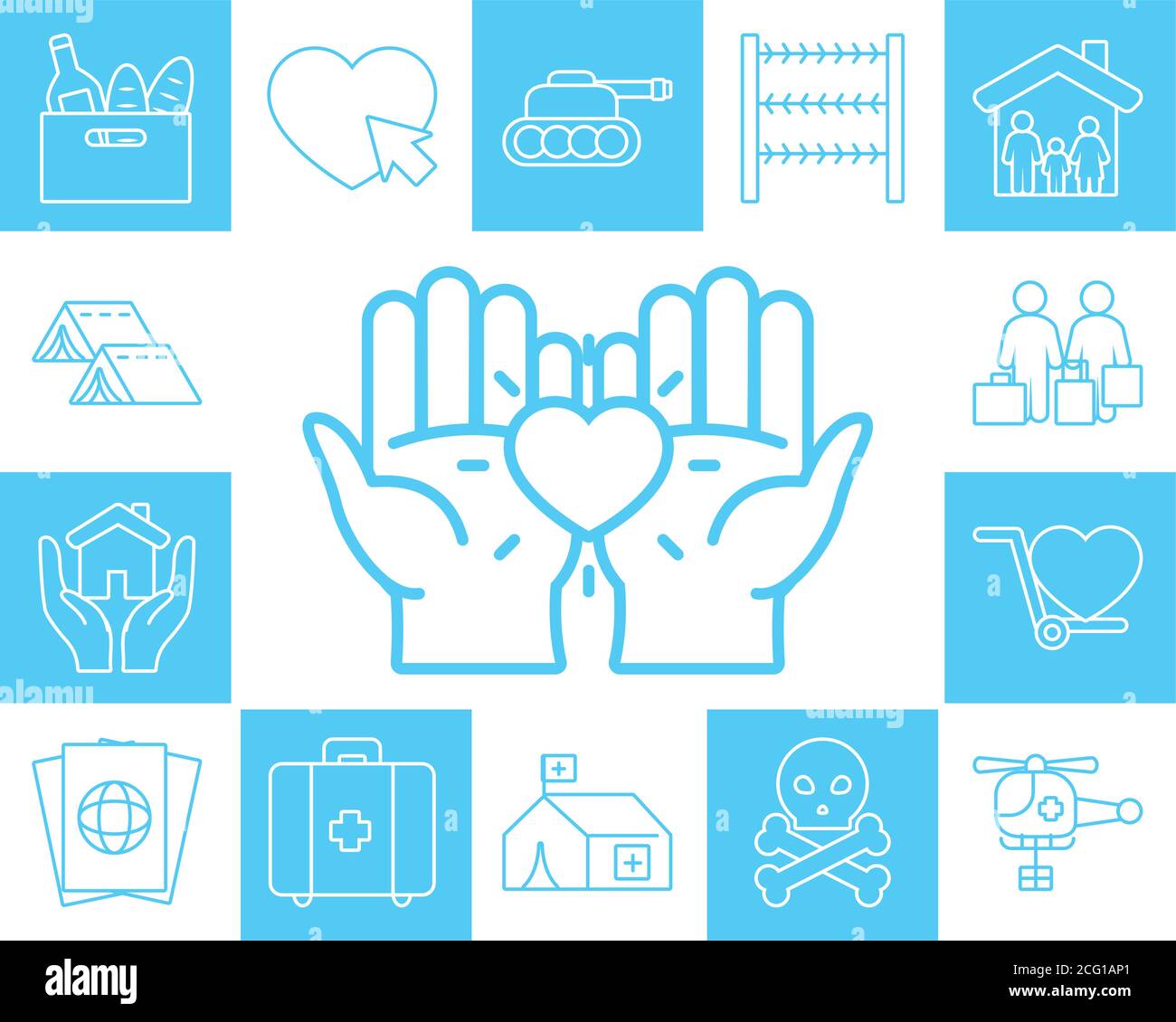 hands and humanitarian help icon set over blue and white background ...