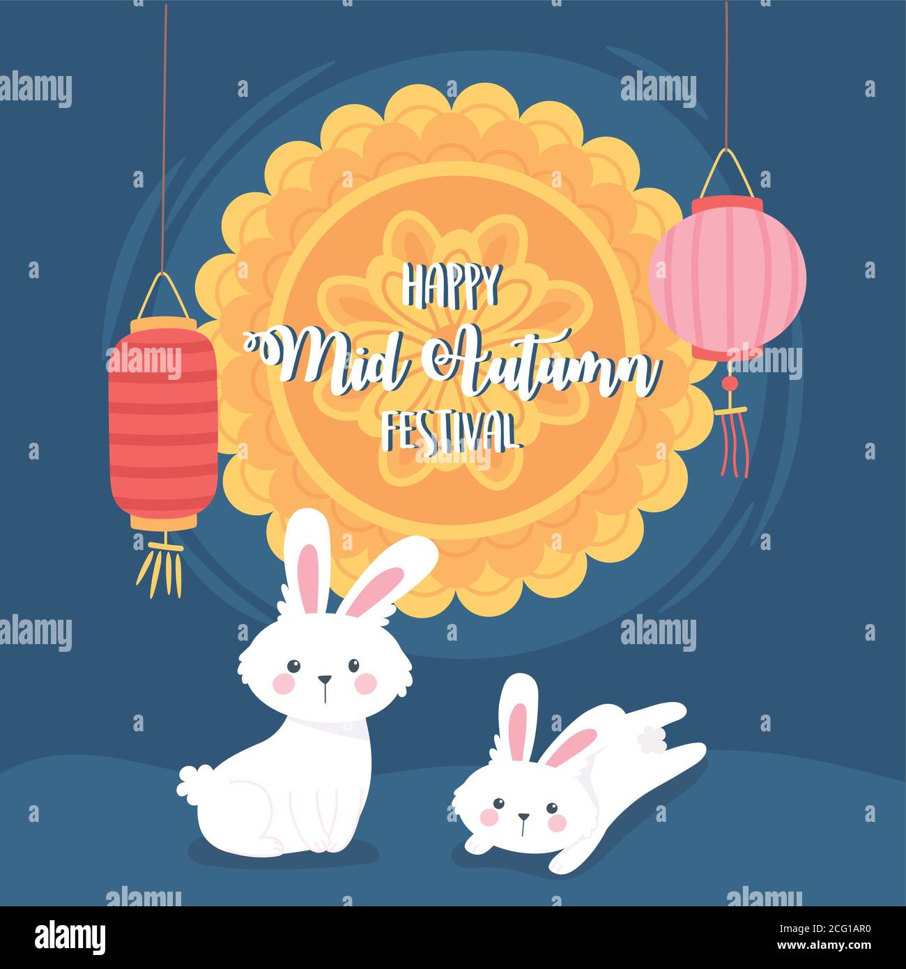 happy mid autumn festival, rabbits lanterns mooncake invitation card ...
