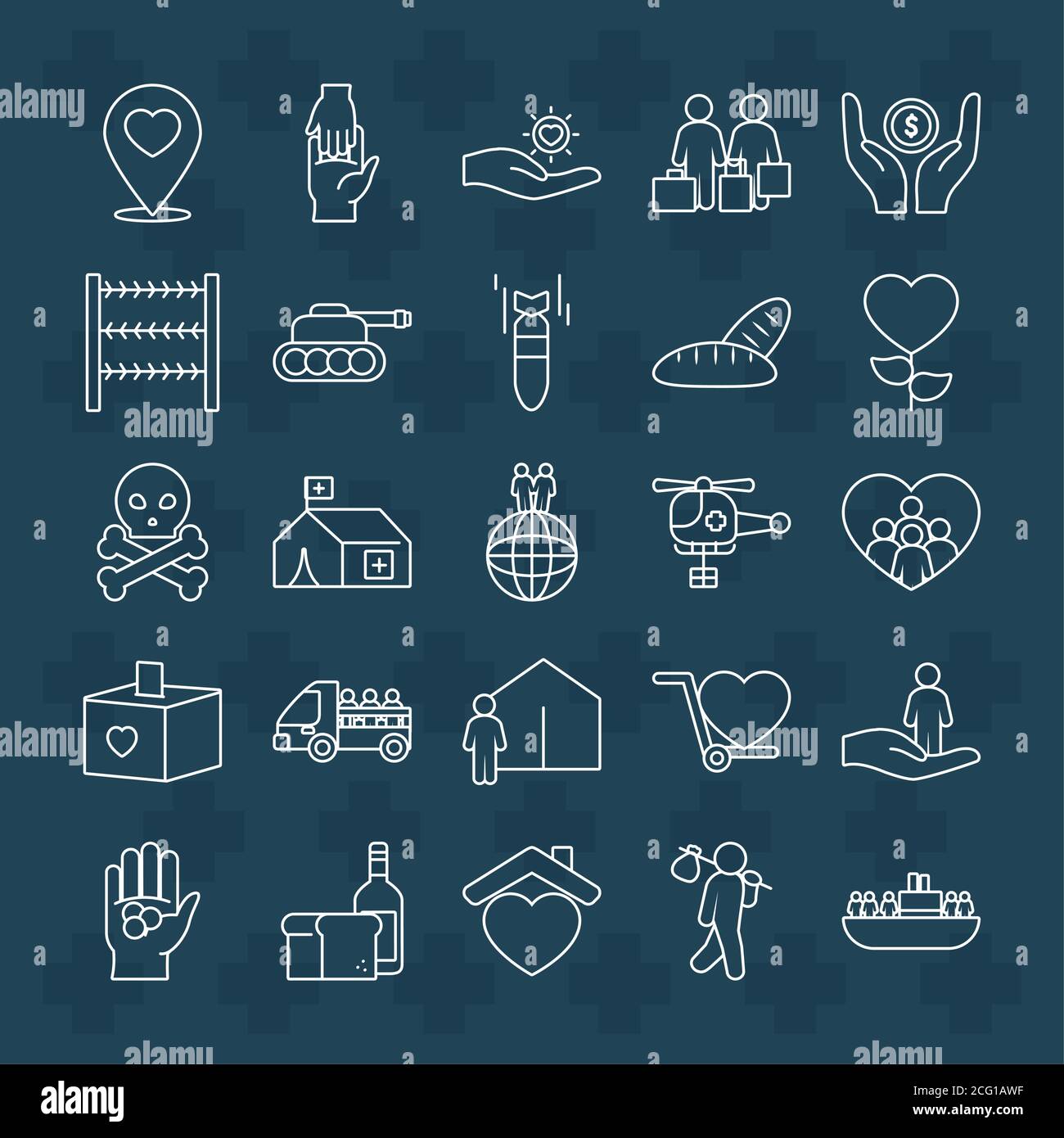 hearts and refugee people icon set over blue background, line style ...