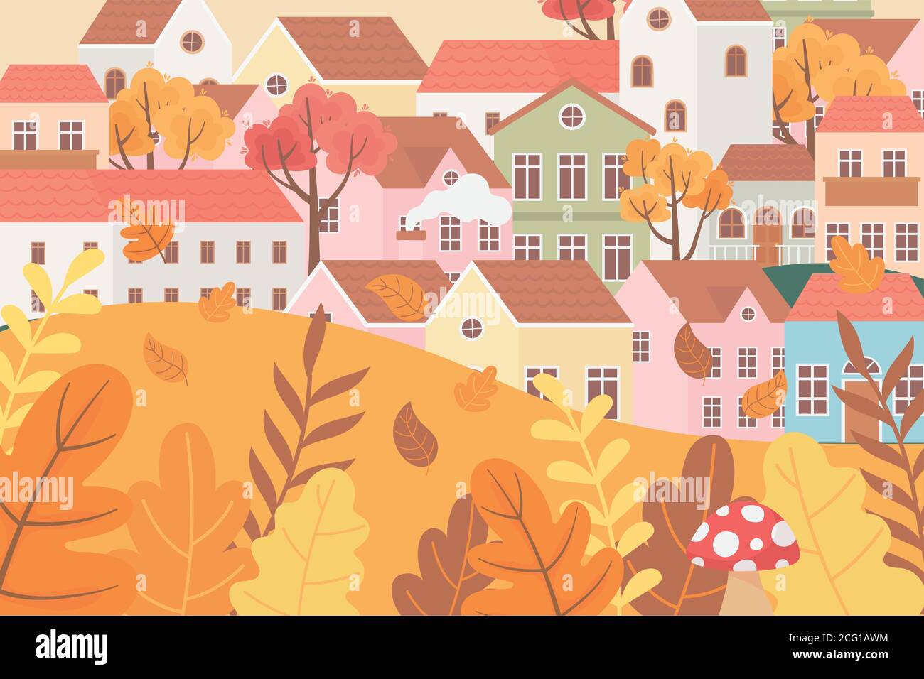 landscape in autumn nature scene, cartoon village houses mushroom ...