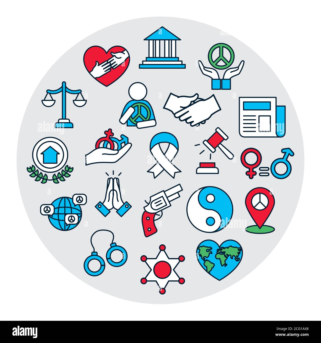 hands and Justice icon set over white background, line and fill style ...