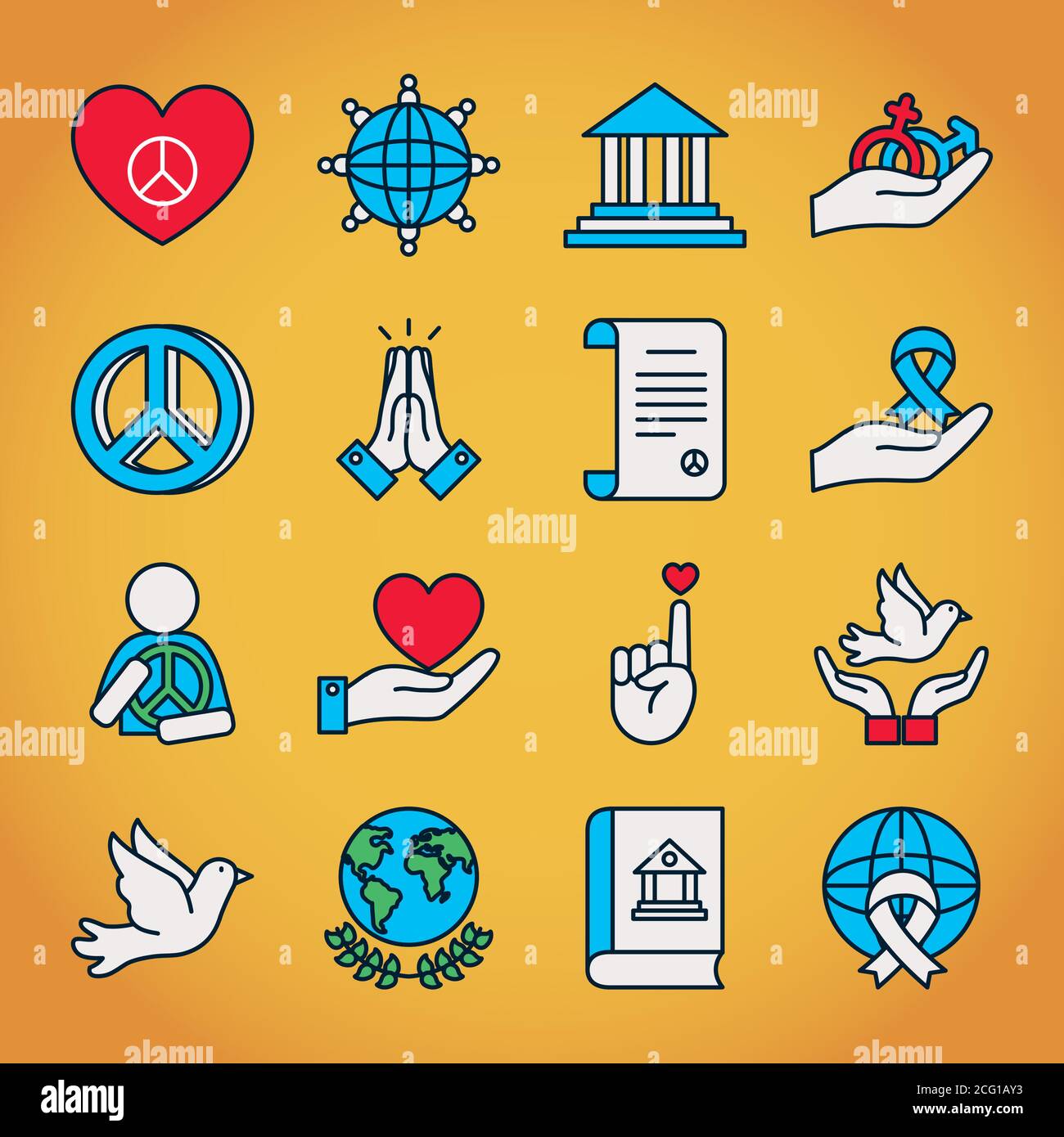hearts and human rights icon set over yellow background, line and fill ...