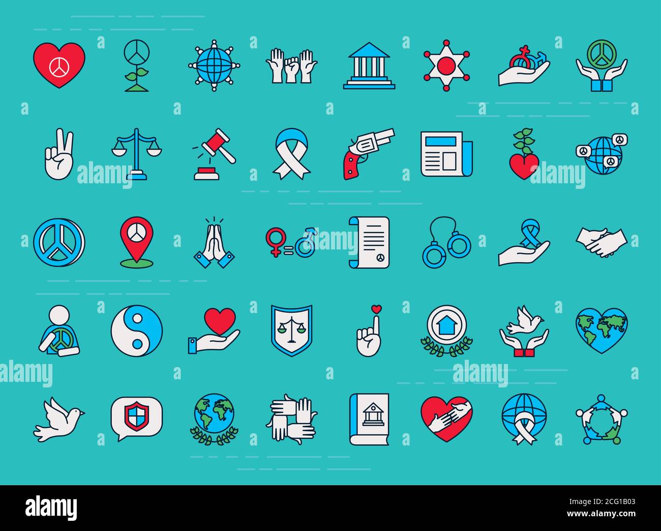 Justice and human rights icon set over white background, line and fill ...