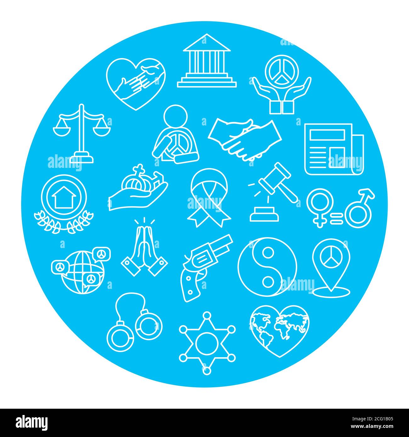 hands and Justice icon set over blue circle and white background ...