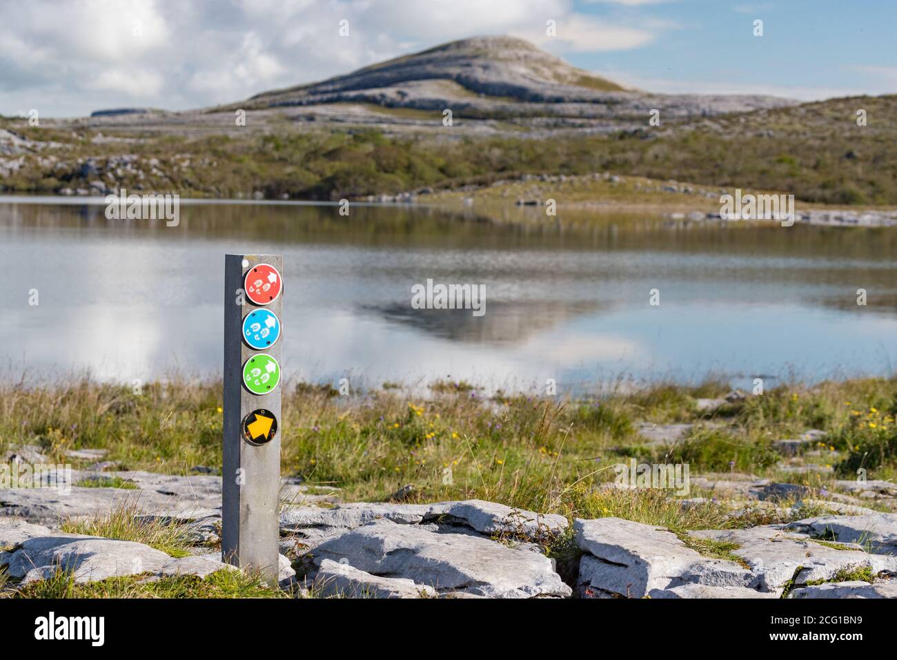 Walking trail path signs in the Burren national park, County Clare ...