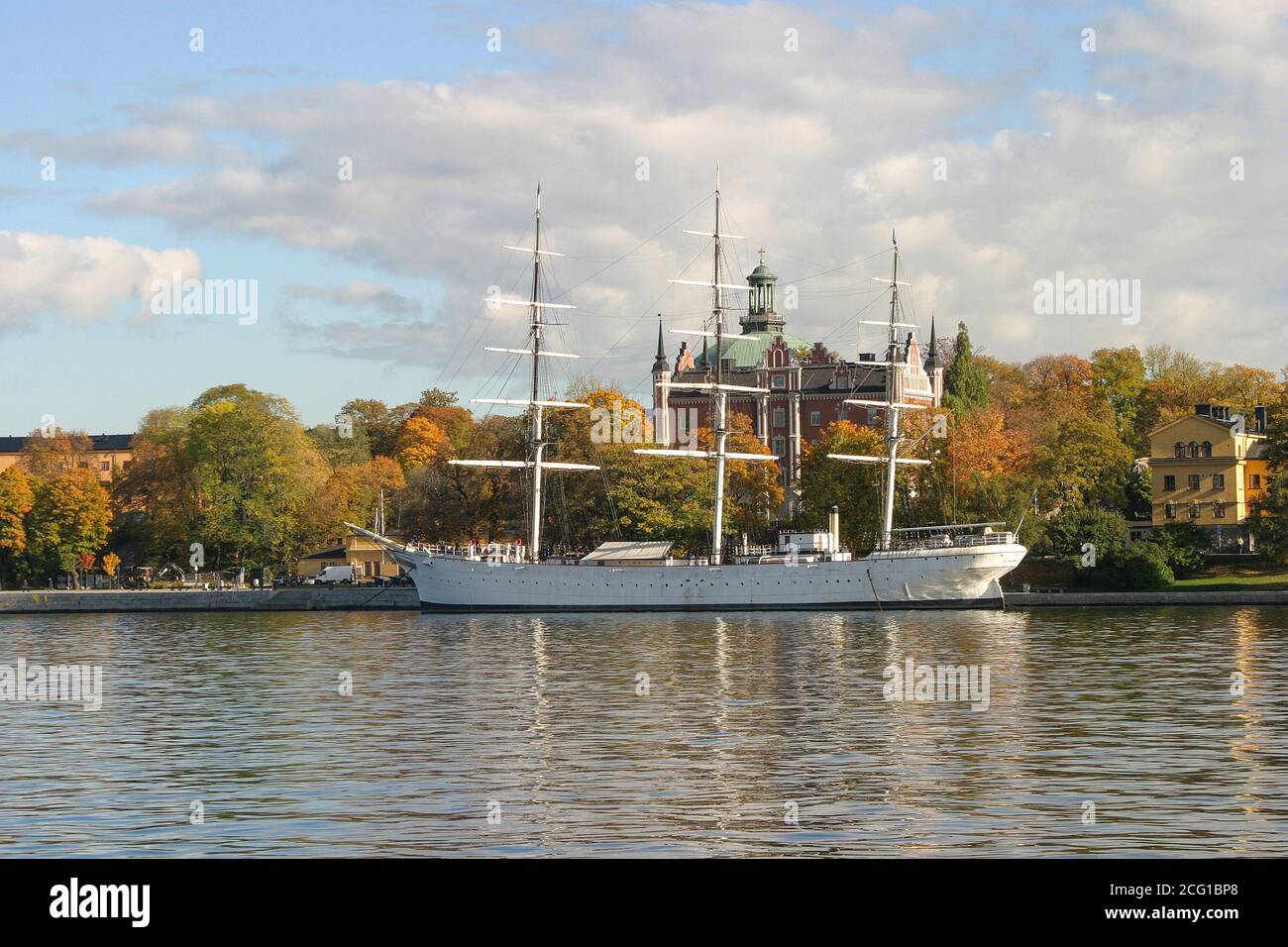 Stockholm autumn, full-rigged sailing ship hostel AF Chapman moored in ...
