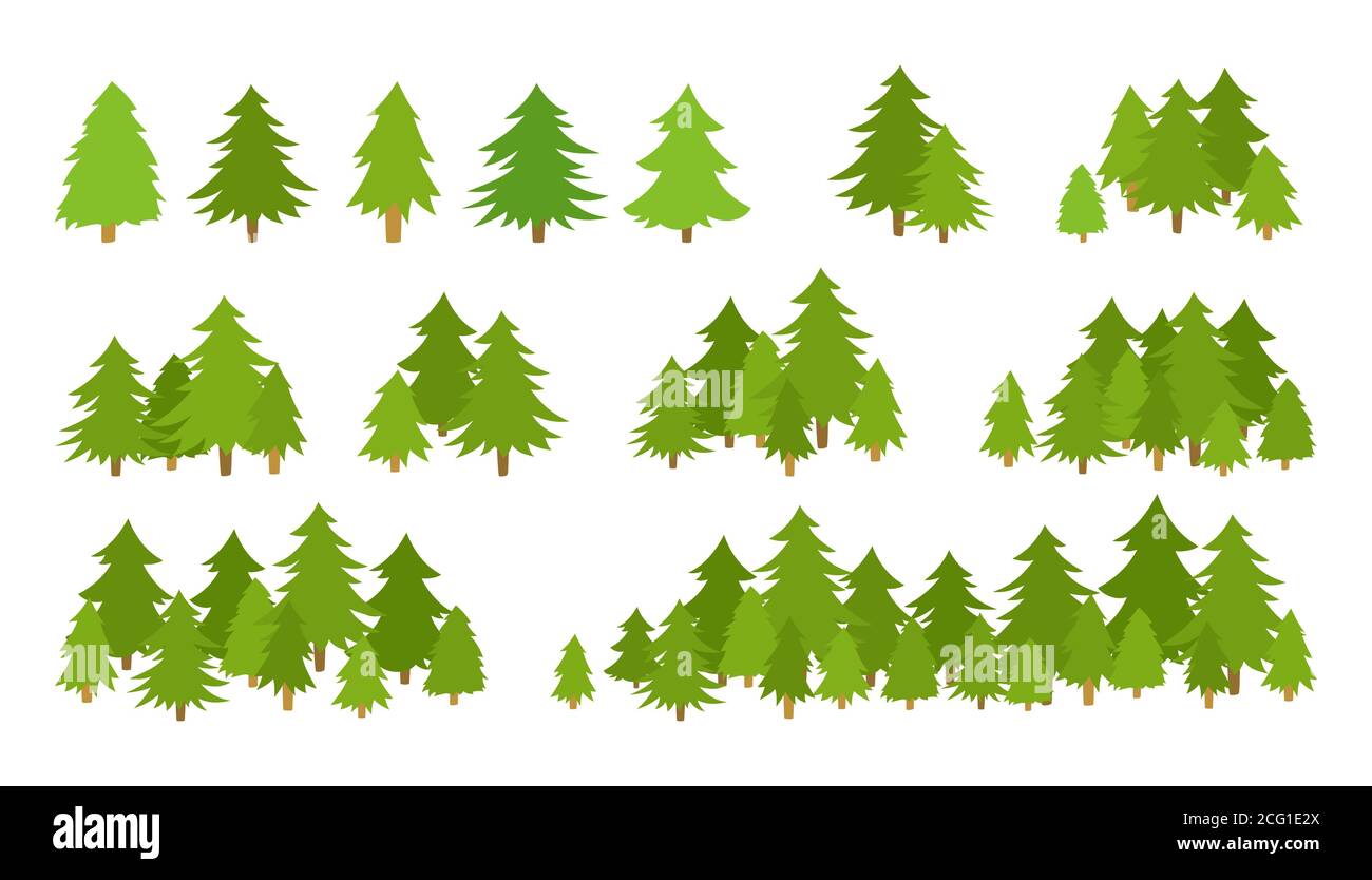 Forest trees textured. Hand drawn landscapes green flat silhouette ...